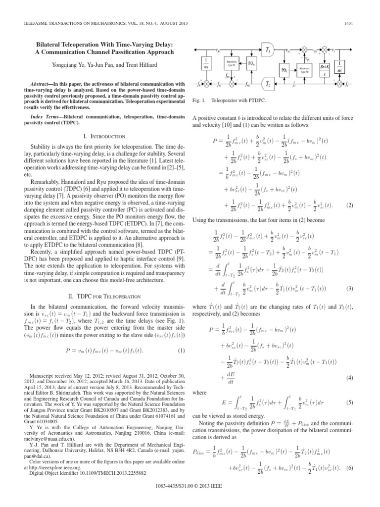 Bilateral Teleoperation With Time-Varying Delay: A Communication Channel Passification Approach ...