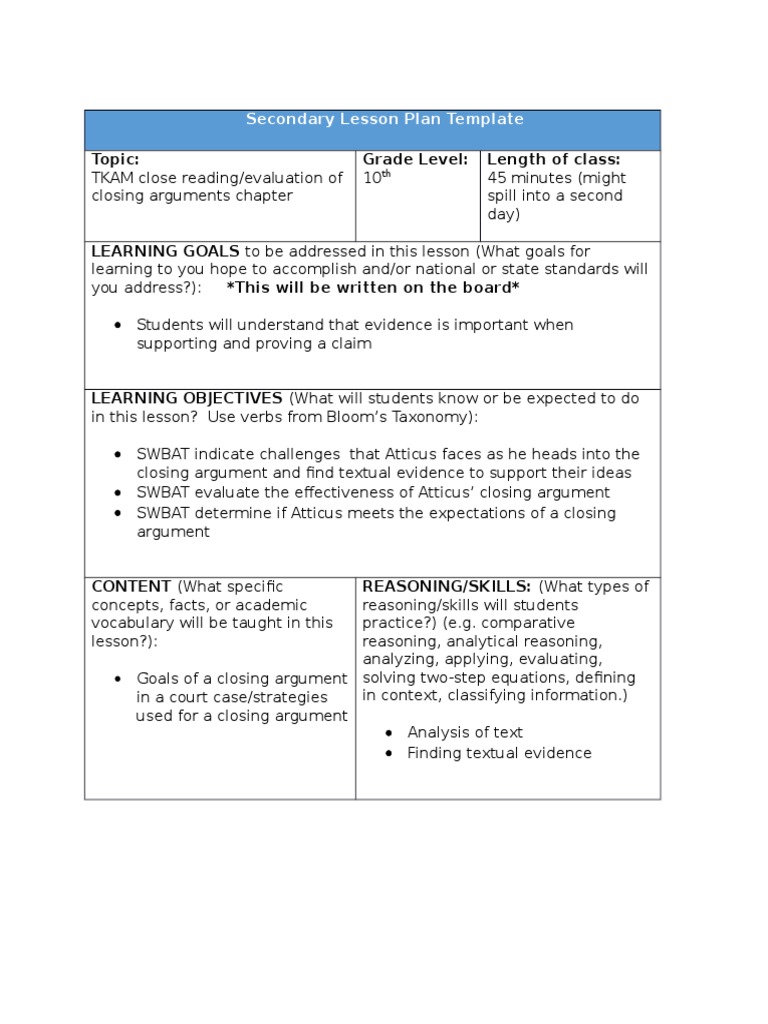 TKAM Closing Argument Lesson Plan | PDF | Lesson Plan | Reason