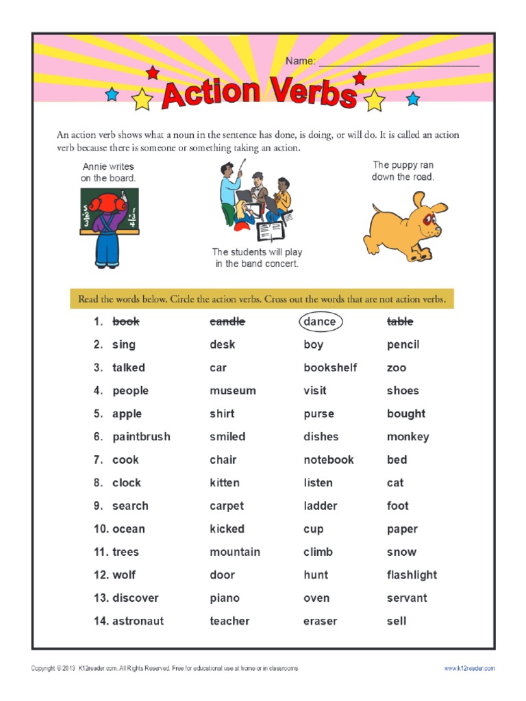 Action Verbs Worksheet 1st Grade