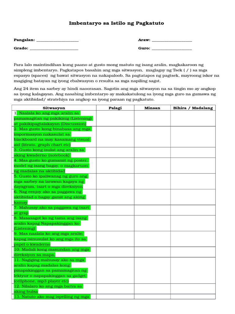 Learning Style Inventory | PDF