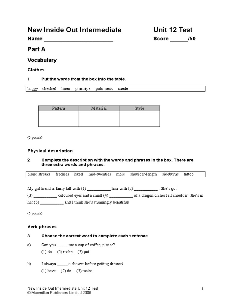 New Inside Out Intermediate Unit 12 Test: Part A | PDF | Clothing ...