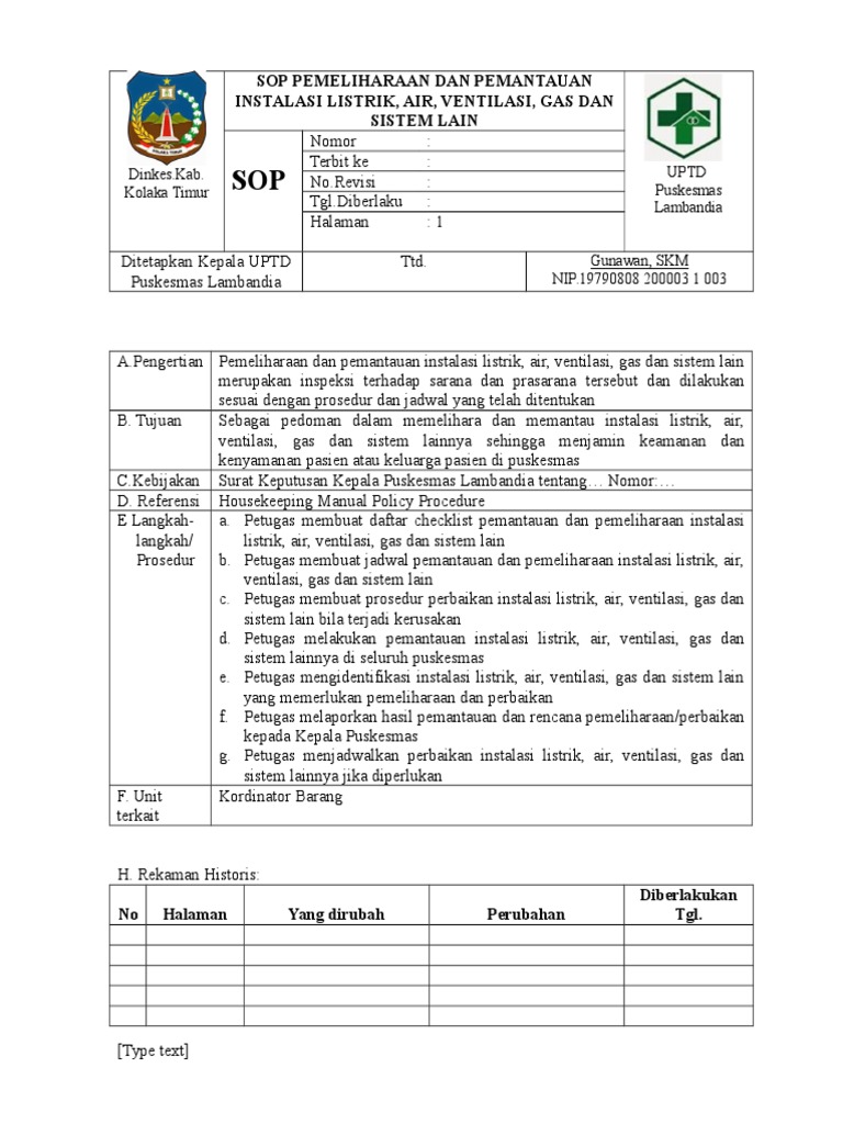 SOP Pemeliharaan Instalasi Puskesmas | PDF