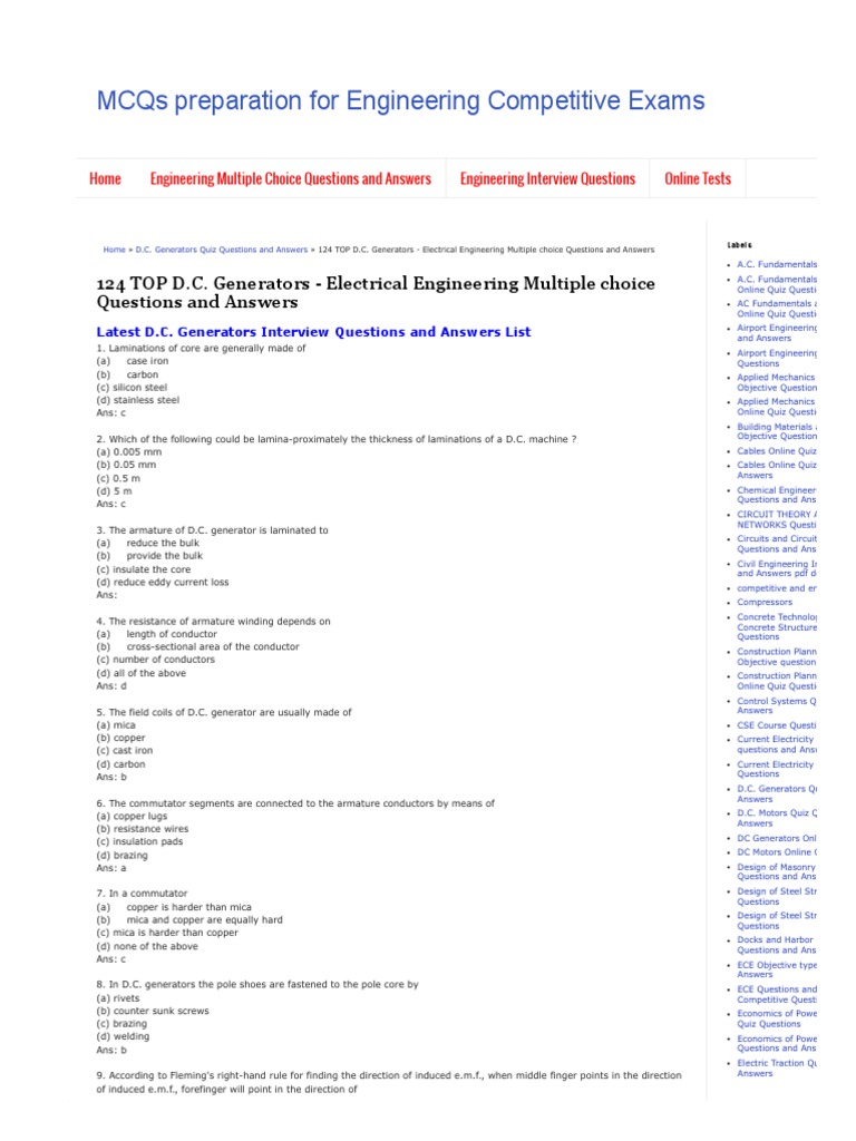 DC Generators Multiple Choice Questions | PDF | Electric Generator ...