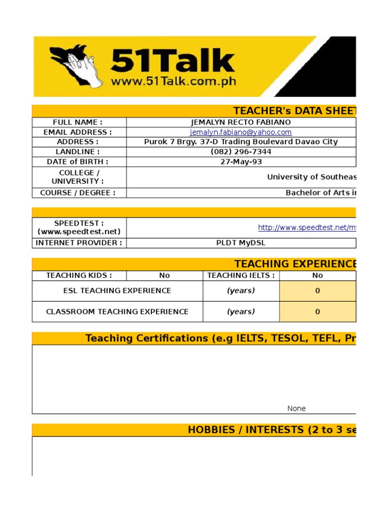 Teacher'S Data Sheet: (Years) (Years) | PDF