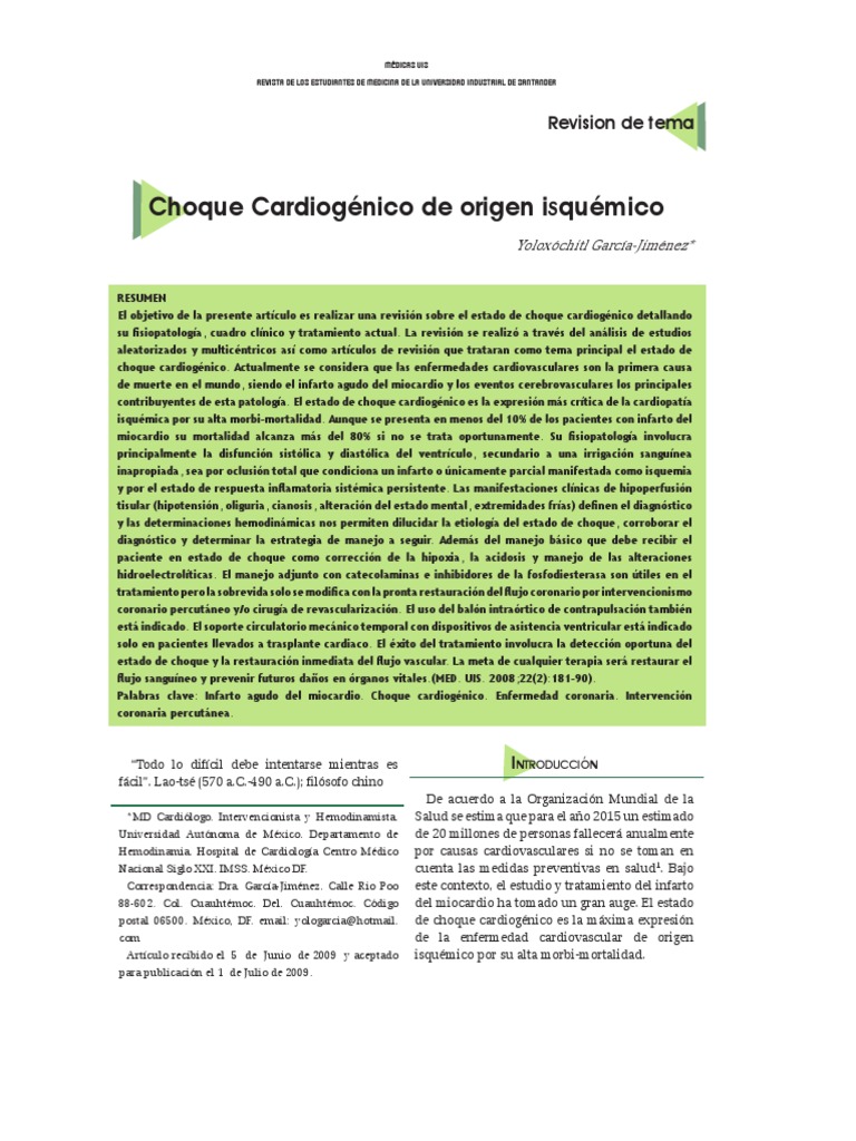 Choque Cardiogenico | PDF | Infarto de miocardio | Choque (circulatorio)