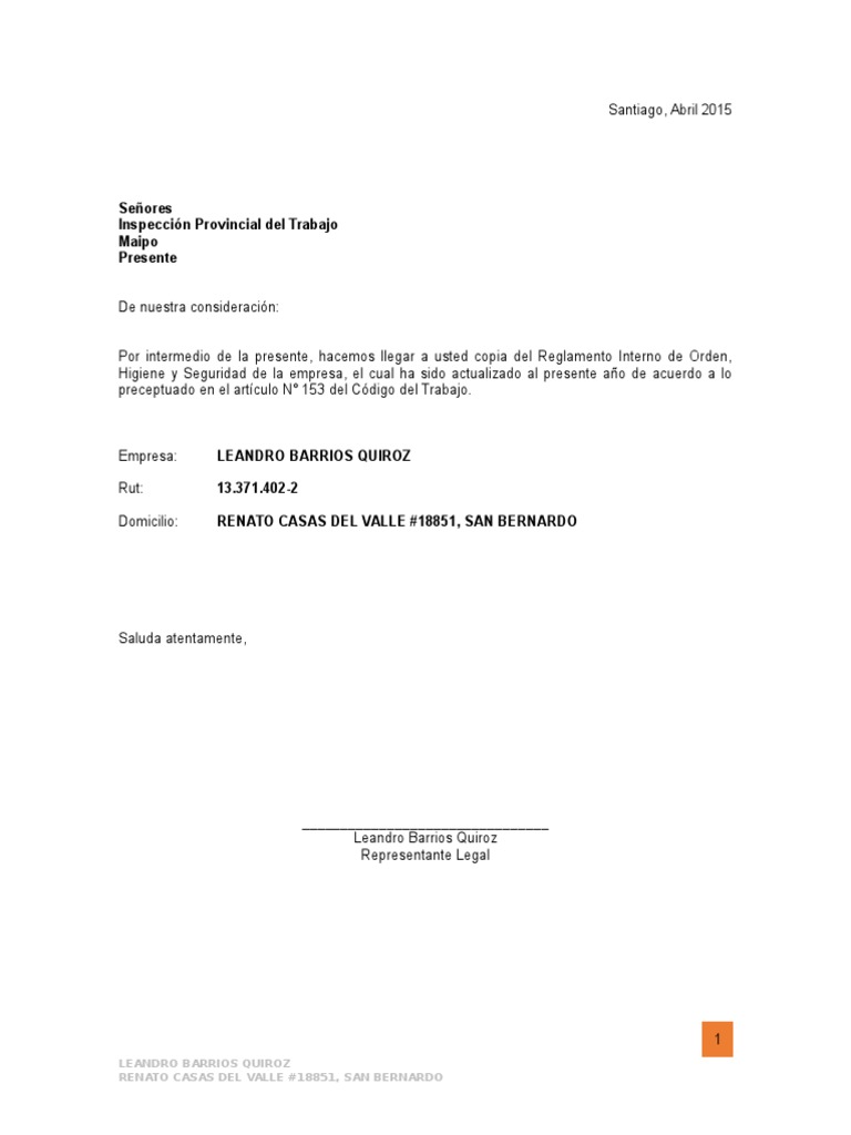 Cartas reglamento interno