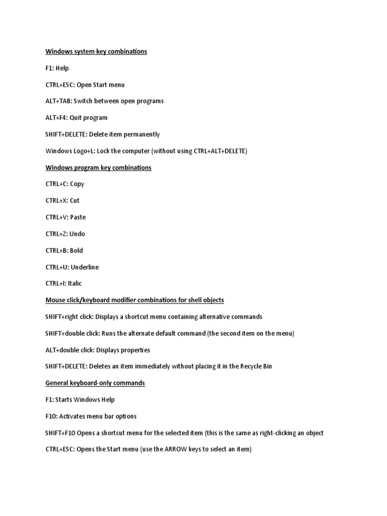 Windows System Key Combinations Pdf Window Computing Computing