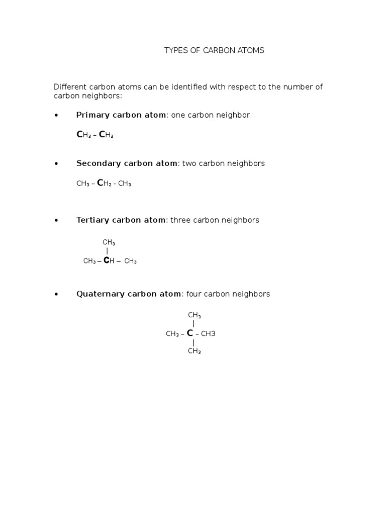 Types of Carbon Atoms: Primary Carbon Atom: One Carbon Neighbor | PDF