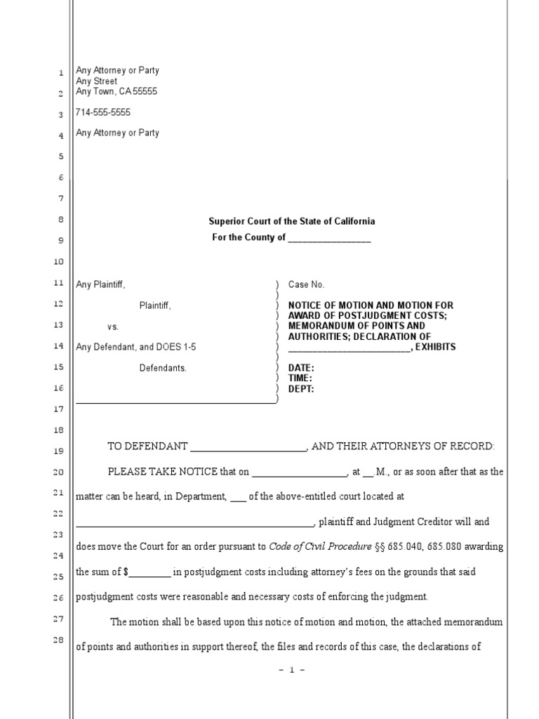Sample Motion For Postjudgment Costs and Attorney's Fees in California ...