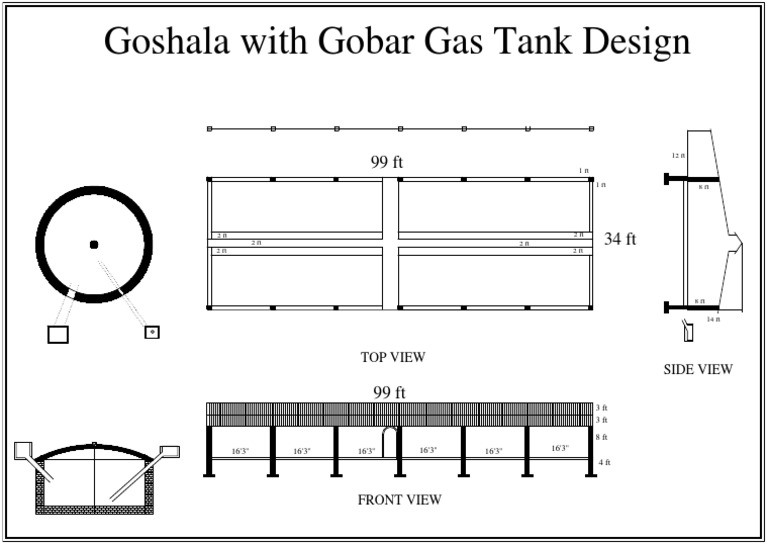 Goshala With Gobar Gas Tank Design: Top View Side View | PDF