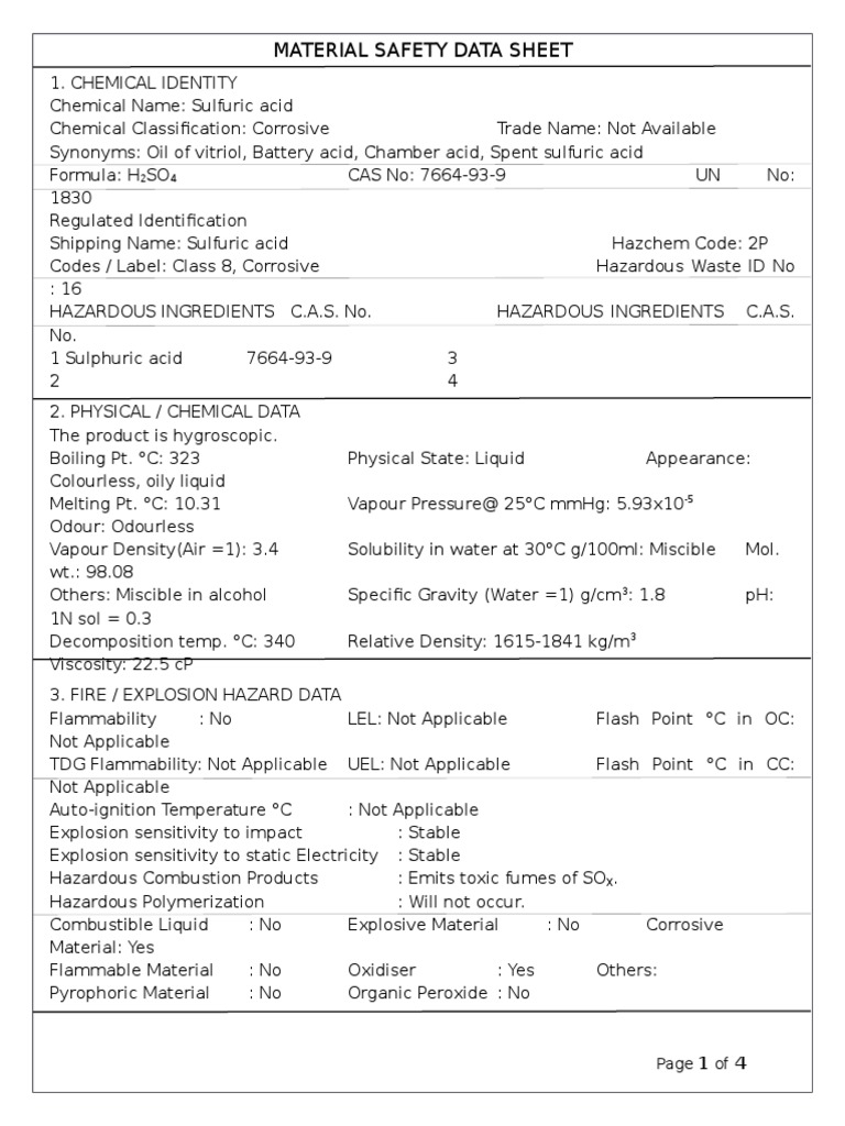 Material Safety Data Sheet H2SO4 | PDF | Sulfuric Acid | Magnesium