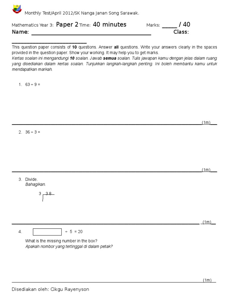 Mathematics Year 3 Paper 2 April | PDF