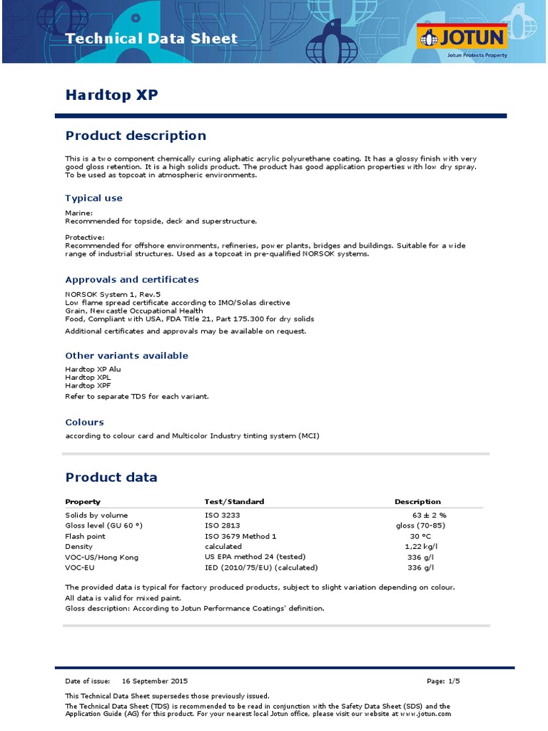 Jotun Hardtop XP Technical Data Sheet | PDF | Chemistry | Materials