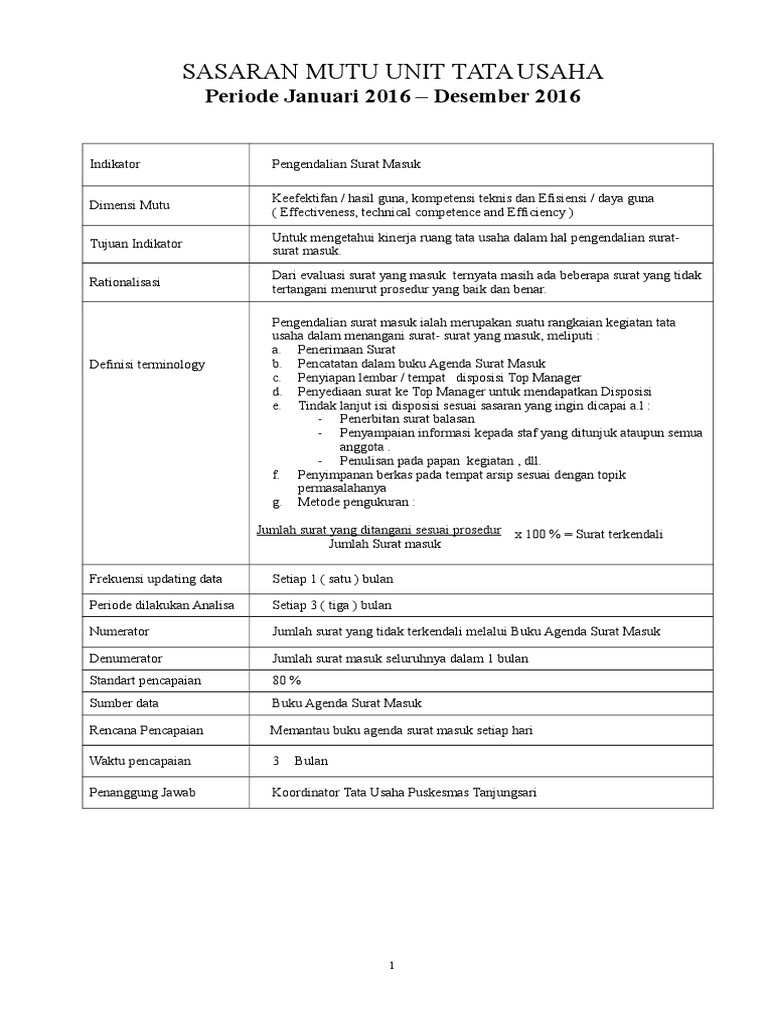 Sasaran Mutu Ruang Tata Usaha | PDF