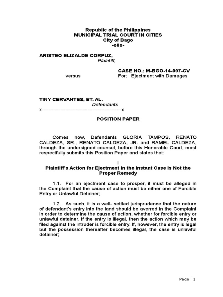 Position Paper - Corpuz | PDF | Lawsuit | Eviction