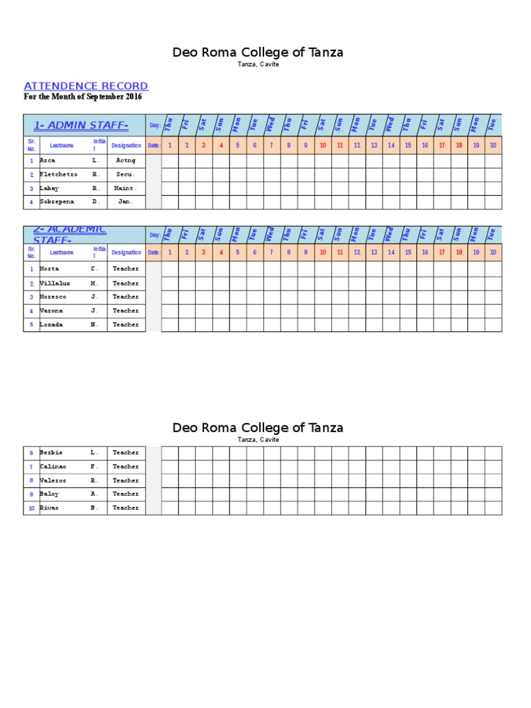 Deo Roma College of Tanza: Attendence Record | PDF