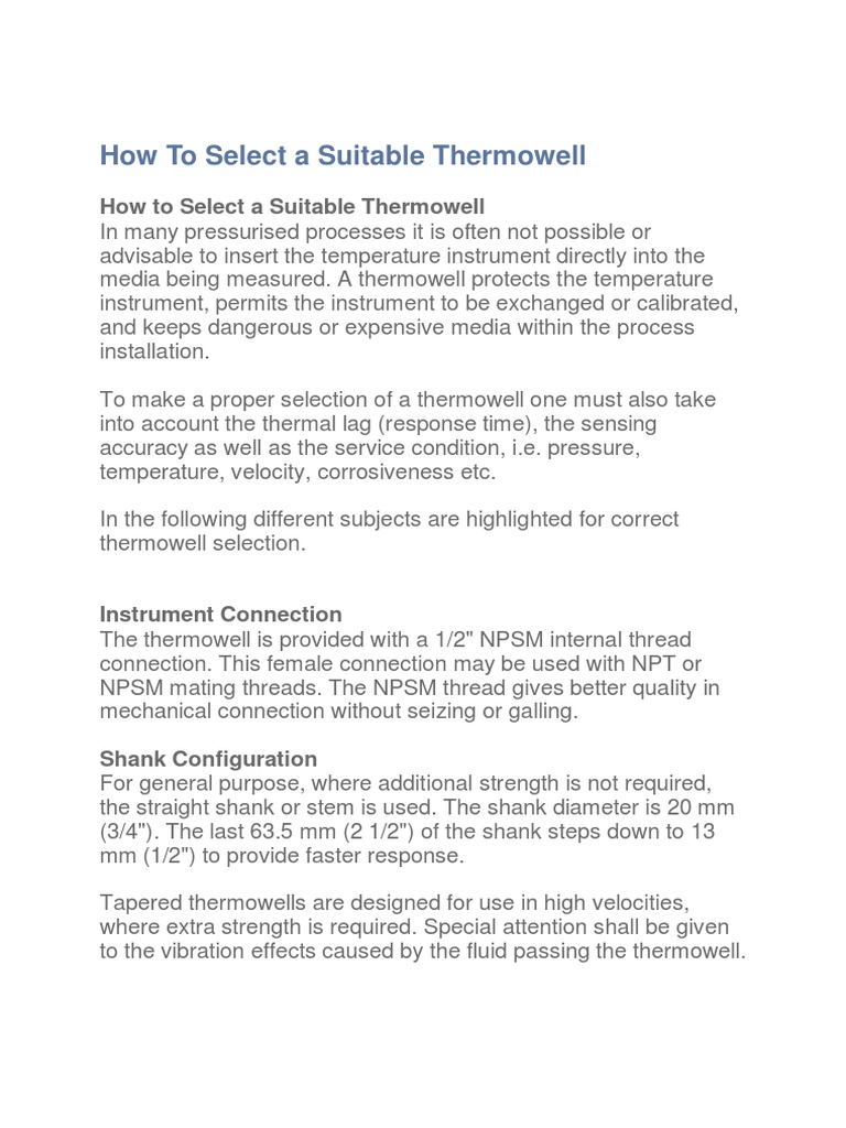 How To Select A Suitable Thermowell | PDF | Pipe (Fluid Conveyance ...