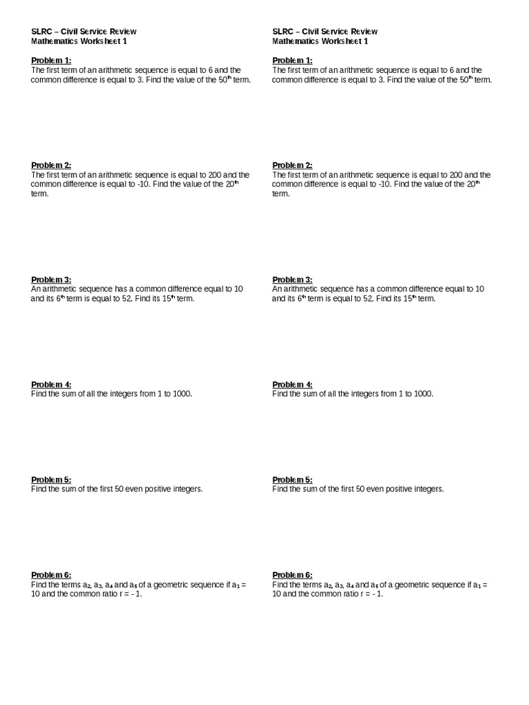 SLRC - Civil Service Review Mathematics Worksheet 1 Problem 1: SLRC ...