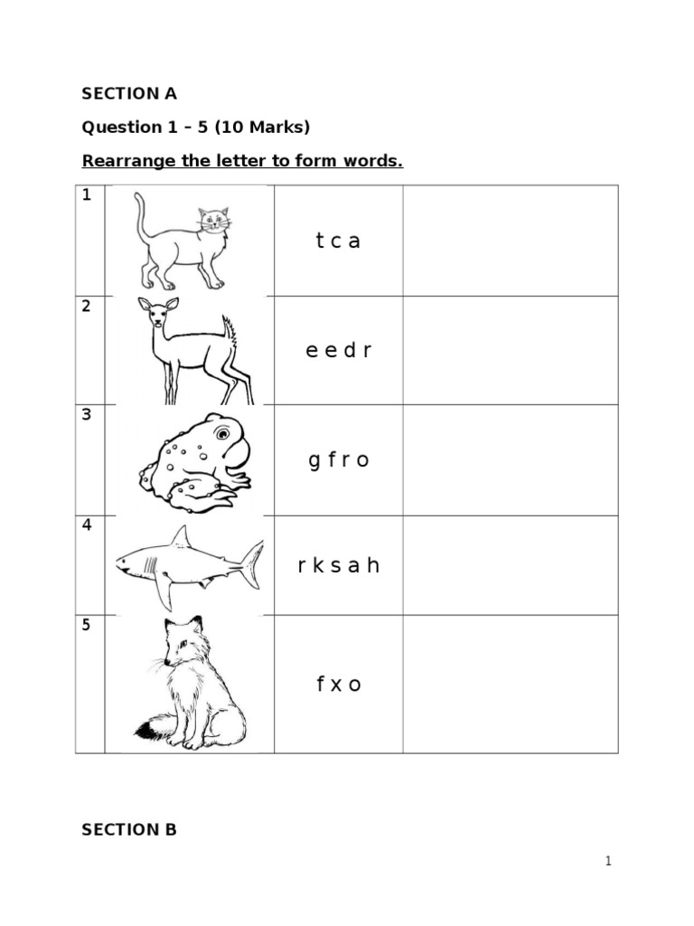 Section A Question 1 - 5 (10 Marks) Rearrange The Letter To Form Words ...