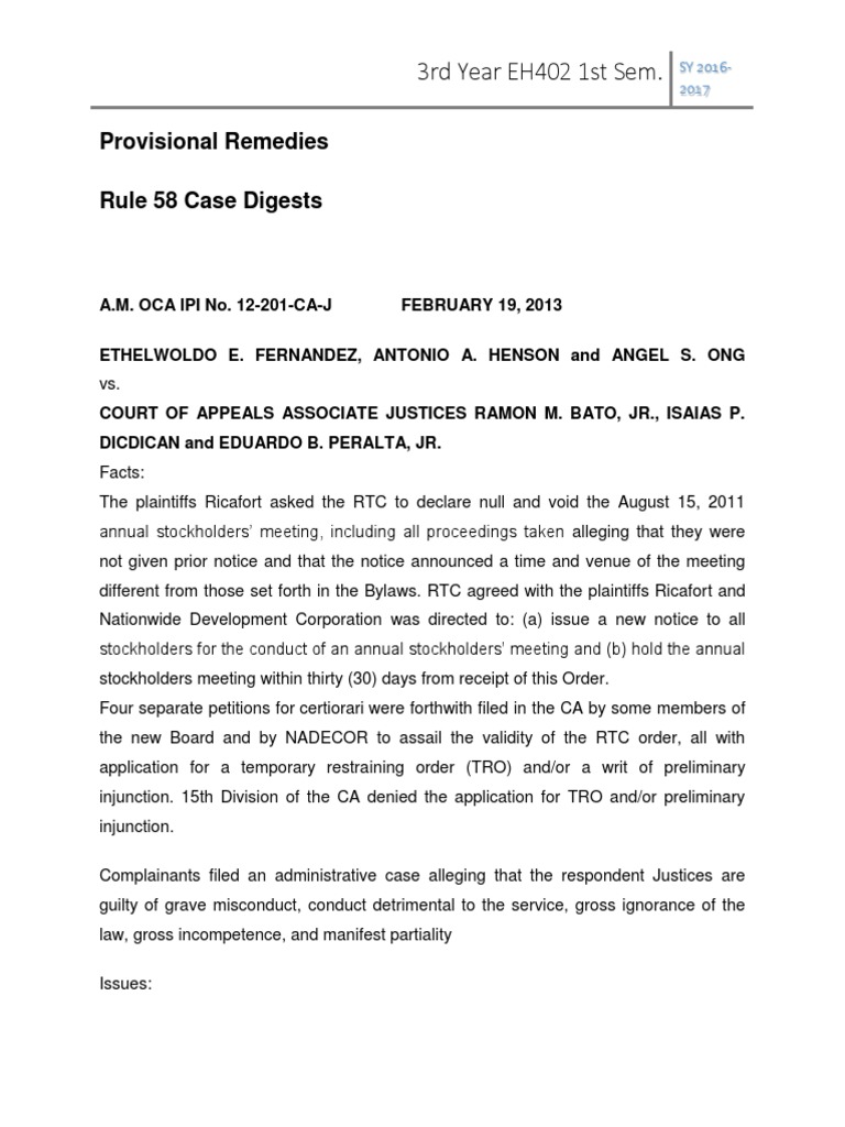 Provisional Remedies Rule 58 Case Digests: 3rd Year EH402 1st Sem | PDF
