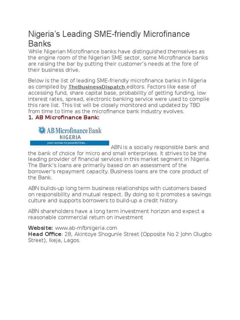 Nigeria's Leading SME-friendly Microfinance Banks | PDF | Microfinance ...