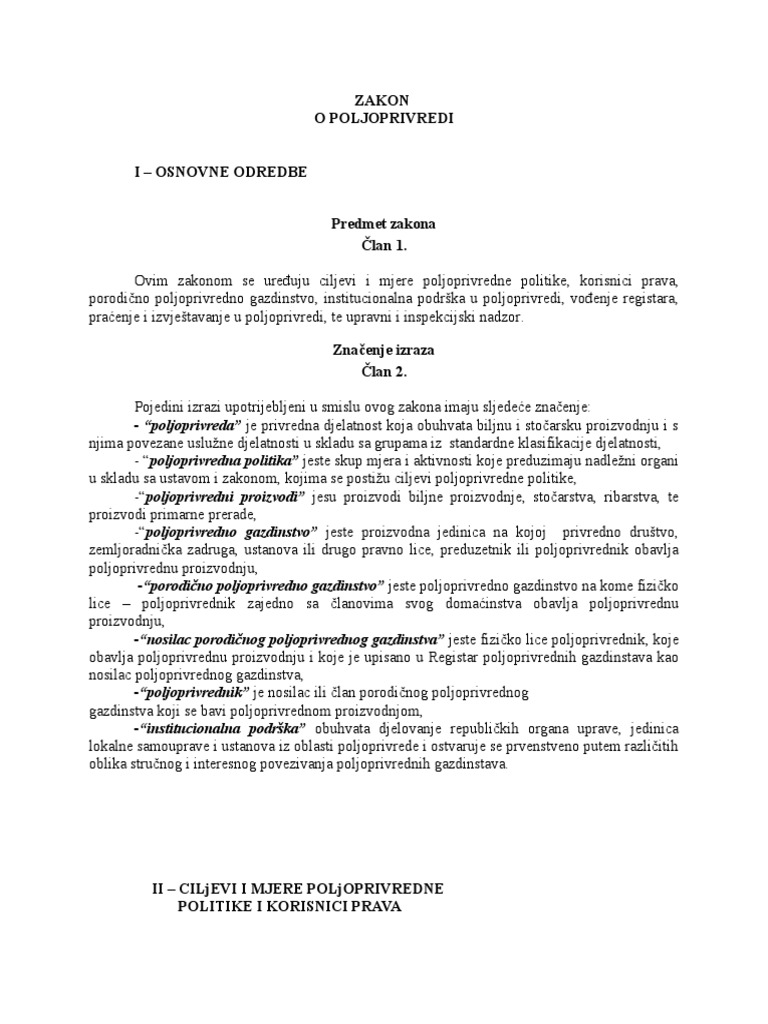 Zakon o Poljoprivredi RS | PDF