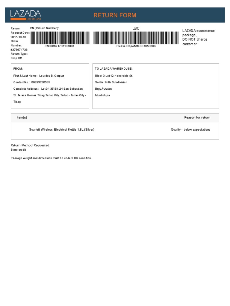 Lazada Return Form Instructions | PDF