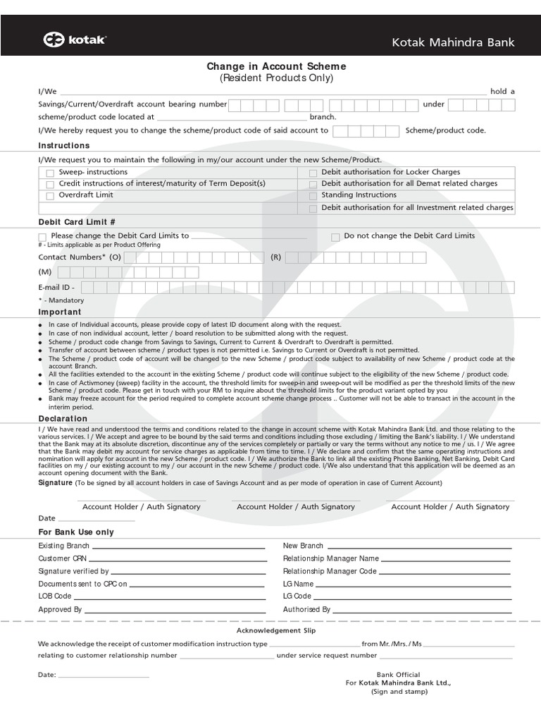Kotak Bank Account Scheme Change Form | PDF | Overdraft | Debit Card