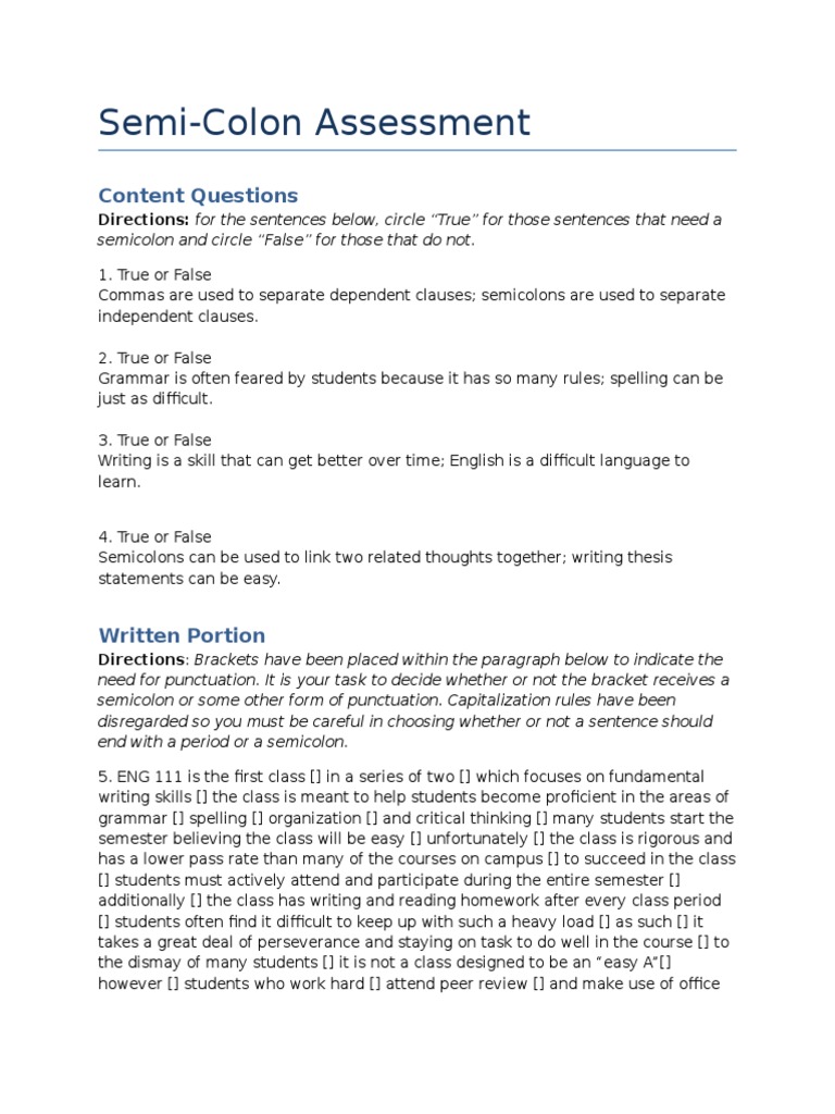 Semi-Colon Assessment: Content Questions | PDF | Cognition | Language ...