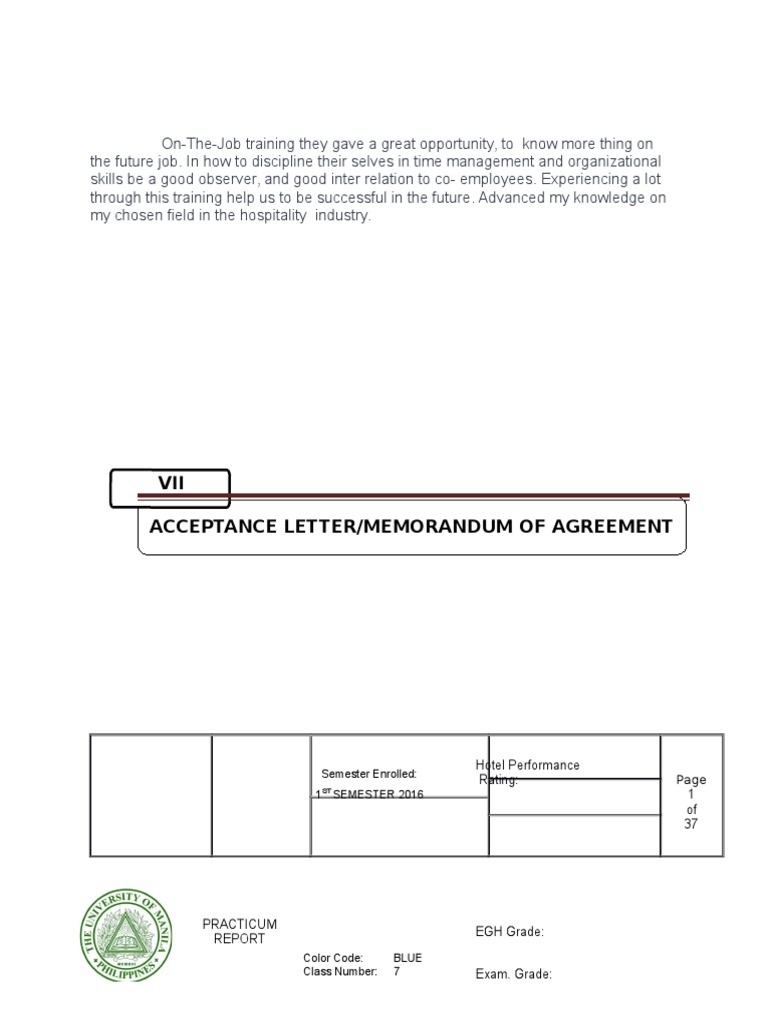 VII Acceptance Letter/Memorandum of Agreement: Hotel Performance Rating: 1 of 37 | PDF ...