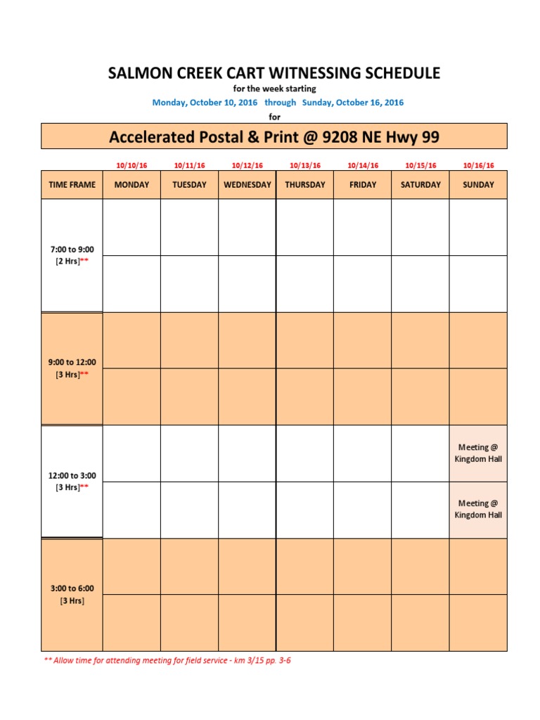 Cart Witnessing Schedule For App For Week of 10-10-16 | PDF