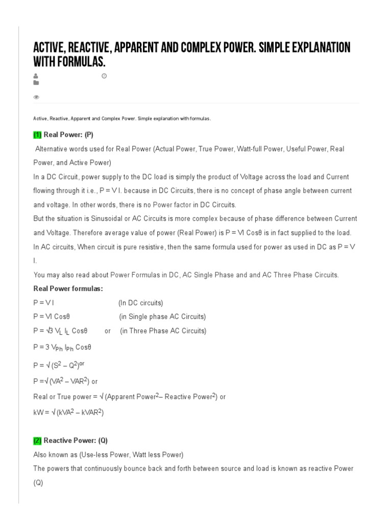 Active, Reactive, Apparent and Complex Power. Simple Explanation With Formulas | PDF | Ac Power ...