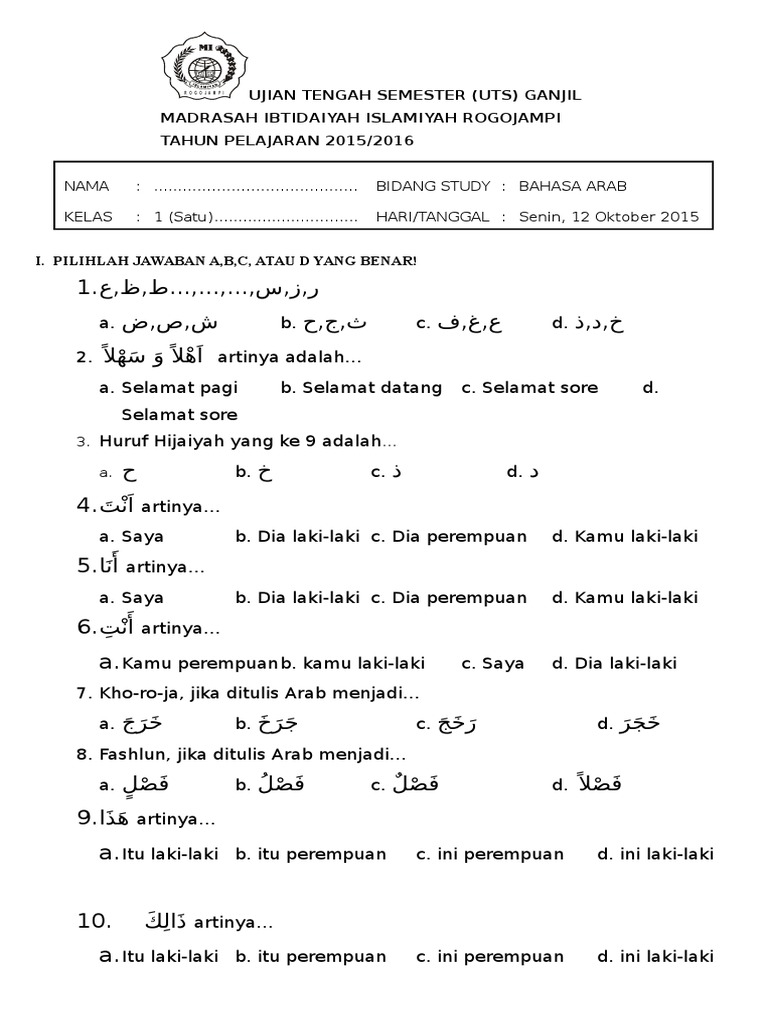 Soal UTS Bahasa Arab Kelas 1 MI | PDF | Kajian Bahasa Asing