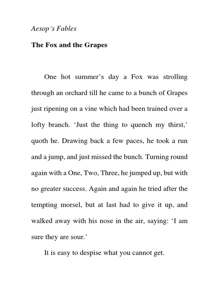 Aesop's Fables - The Fox and The Grapes | PDF