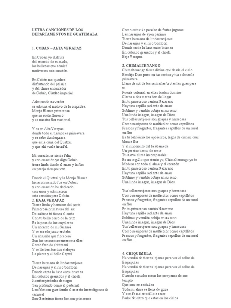 Letra Canciones de Los Departamentos de Guatemala | PDF | Bendición ...