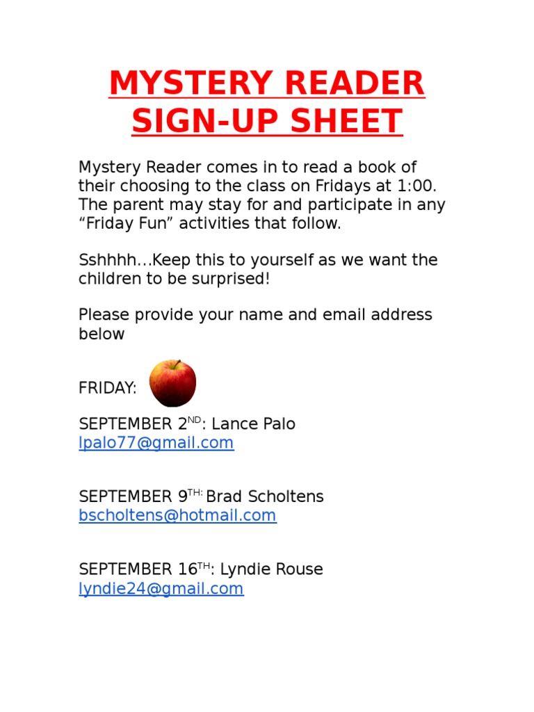 Mystery Reader Sign-Up Sheet | PDF