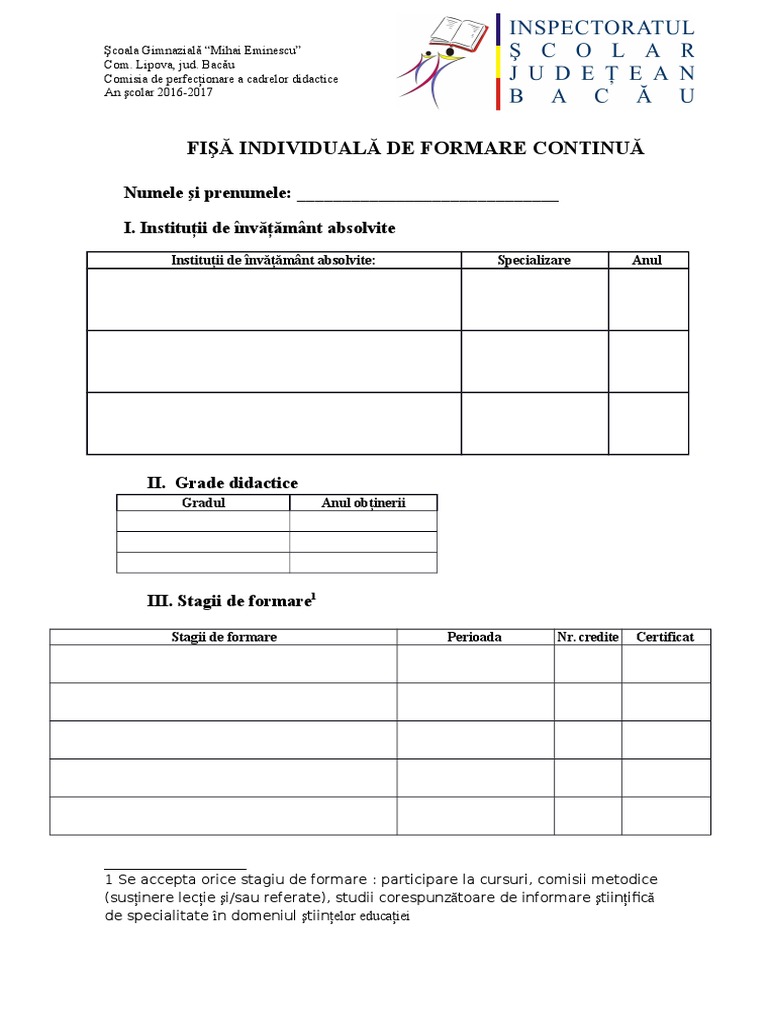 Fisa Individuala de Formare Continua