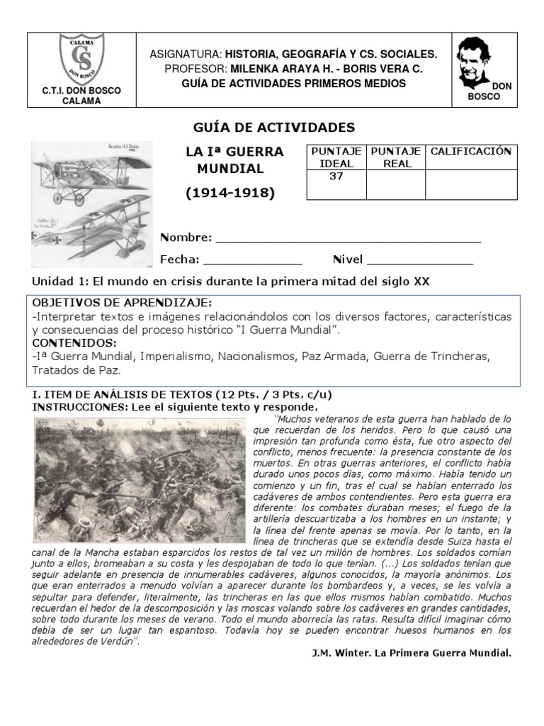 Guía de Actividades I Guerra Mundial | Primera Guerra Mundial | Guerra ...