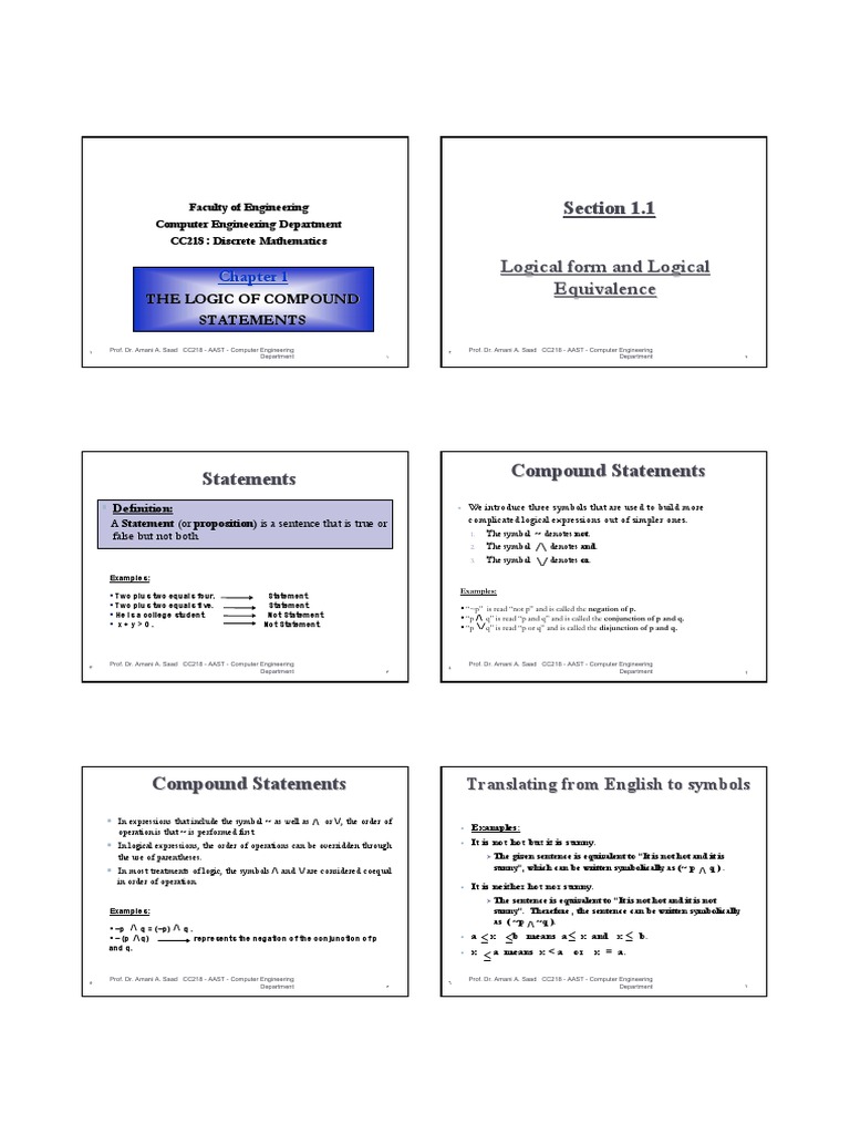 CC218 Lec1 DiscreteMath Logic of Compound Stat | PDF | Contradiction ...