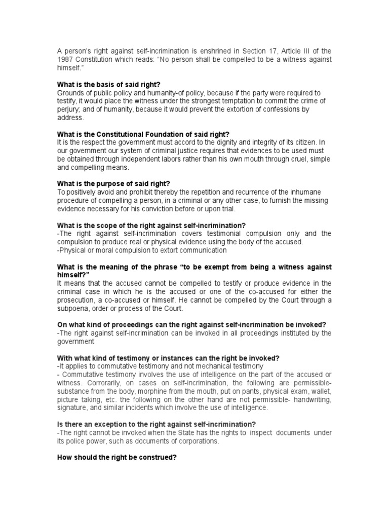 Right To Self Incrimination | PDF | Right To Silence | Self Incrimination