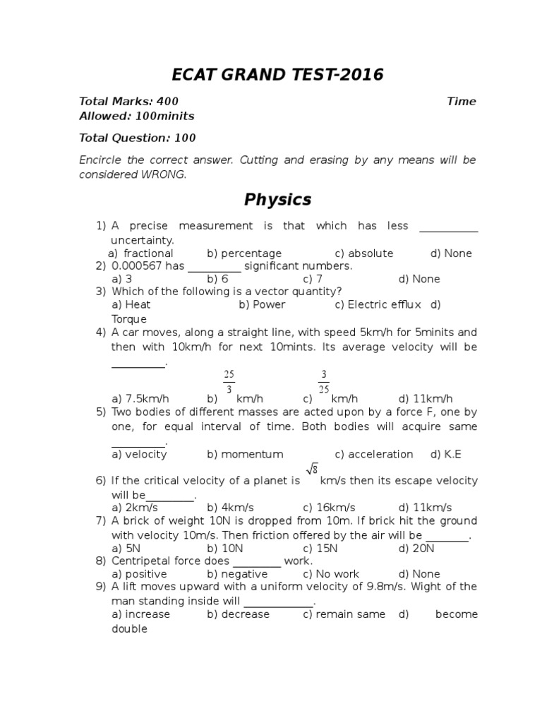 Ecat Grand Test | PDF | Velocity | Chemical Reactions