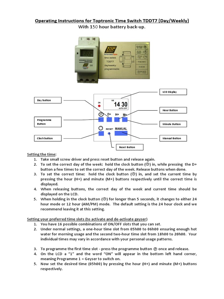 Operating Instructions for Toptronic Time Switch TDDT7 | Clock | Electrical Engineering
