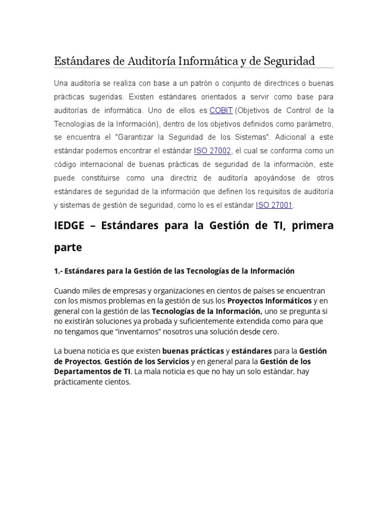 Estándares de Auditoría Informática y de Seguridad | PDF | Itil | Cobit