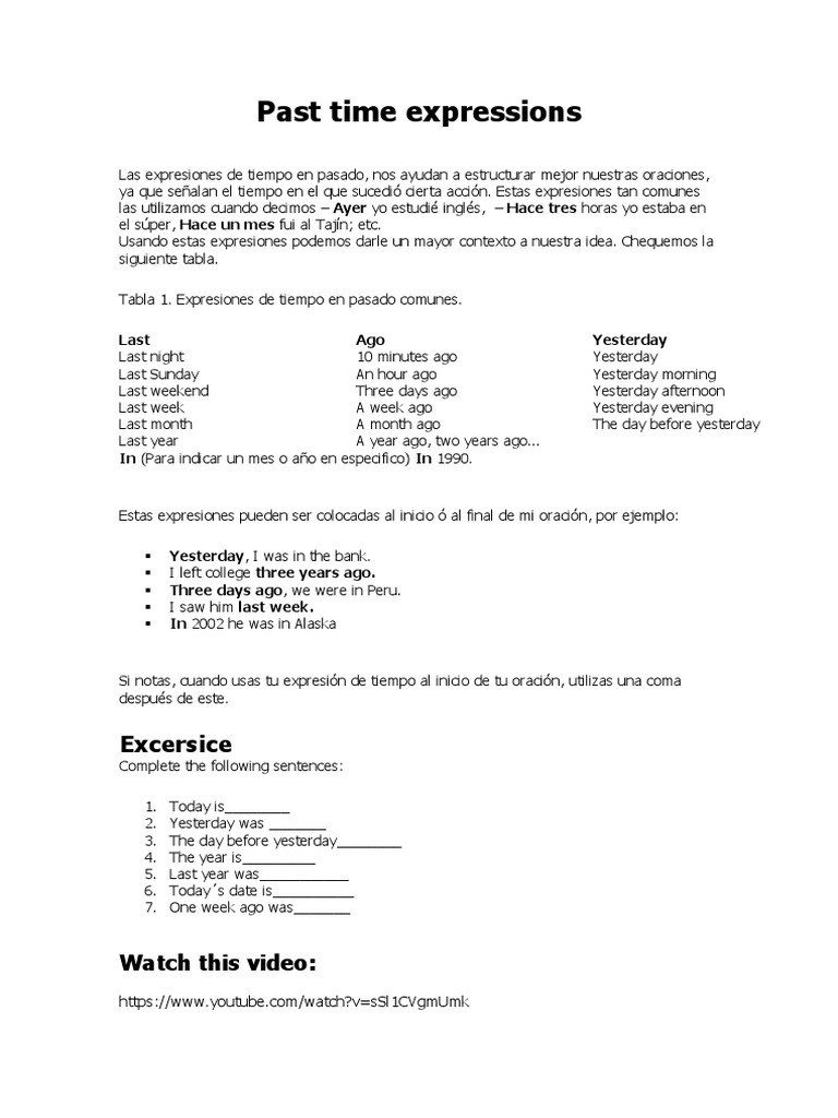 Past Time Expressions: Excersice | PDF
