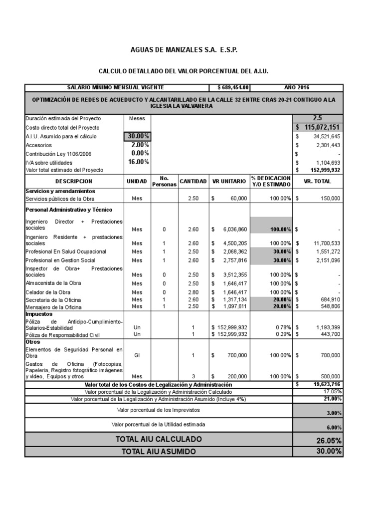 Calculo AIU DETALLADO | PDF | Materiales de construcción | Industrias