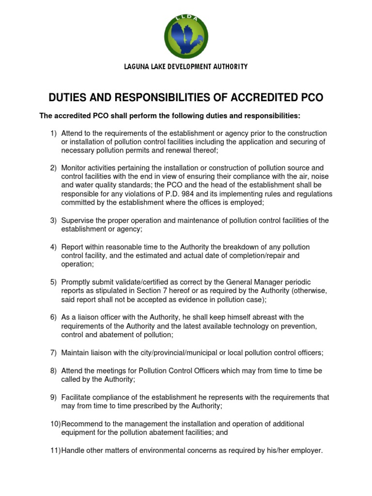 Duties and Responsibilities of Accredited Pco: Laguna Lake Development ...