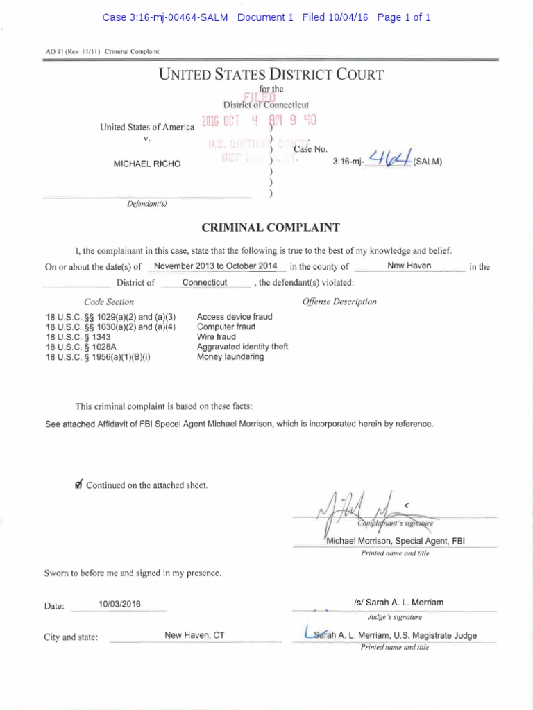 Michael Richo Criminal Complaint | PDF | Bitcoin | Tor (Anonymity Network)