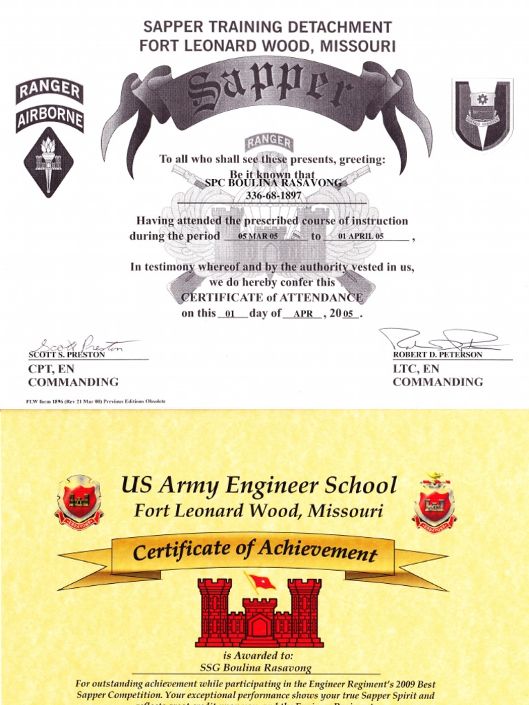 Military Army Training Certificates Of Completion