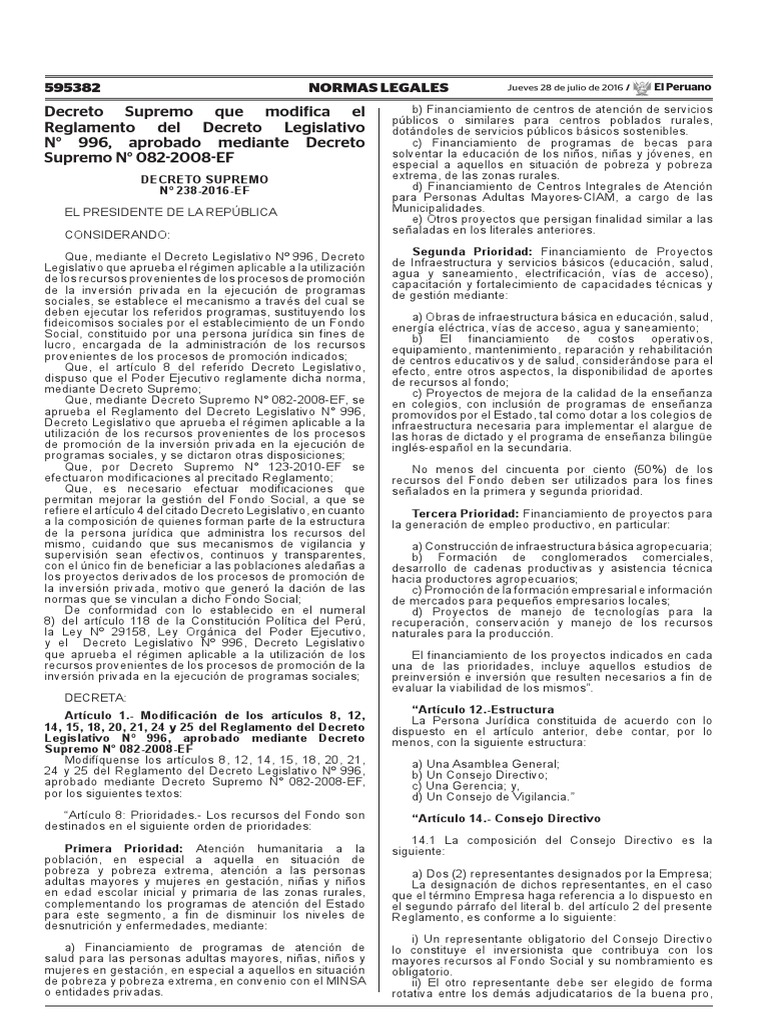 DS 238-2016 EF Modificatoria DS 082-2008 EF | PDF | Regulación | Presupuesto