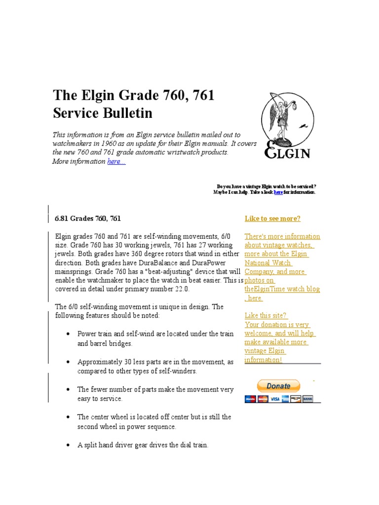The Elgin Grade 760, 761 Service Bulletin | PDF | Manufactured Goods ...